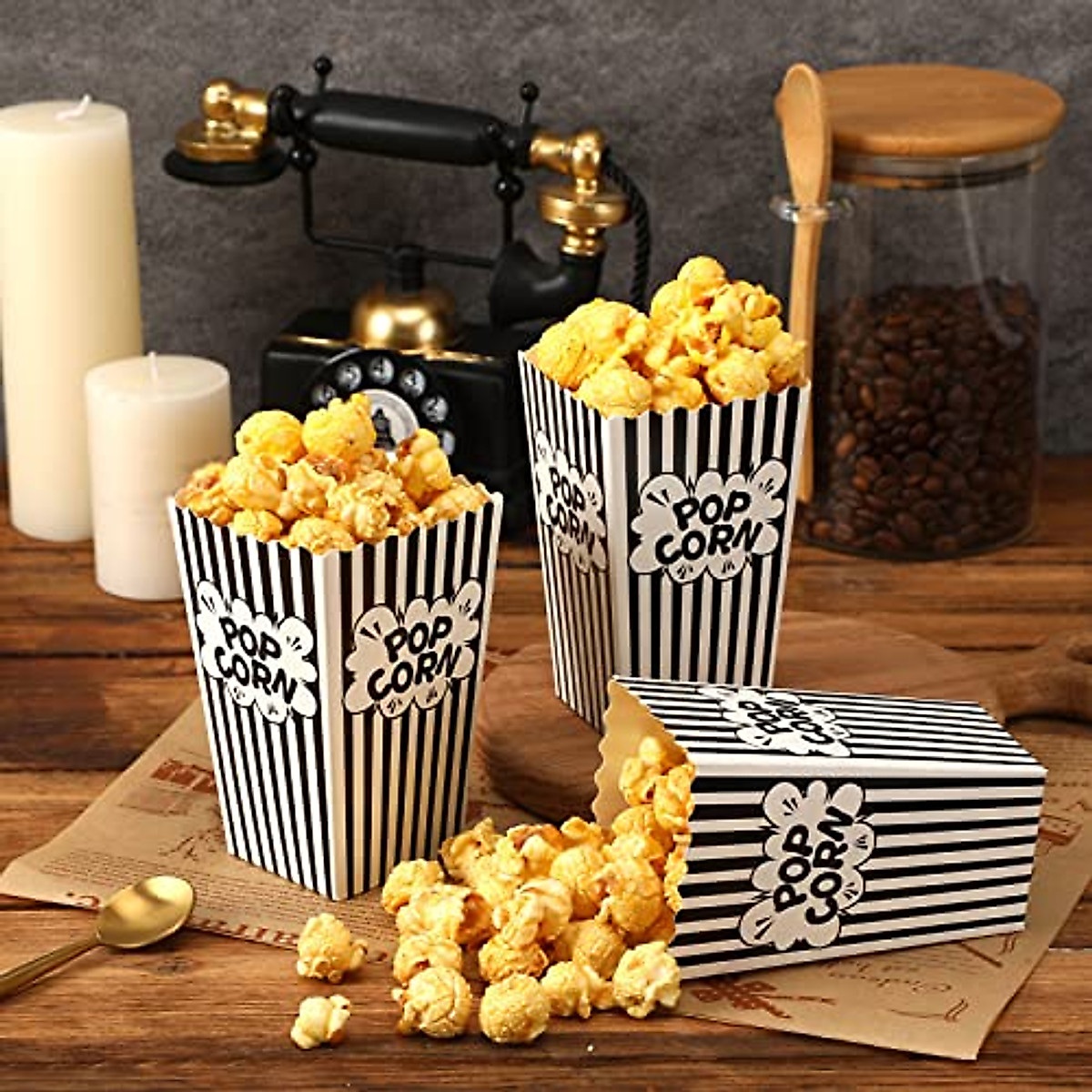 Paper Popcorn Bags, DECYOOL 45 Popcorn Bags Black and White Movie Night Popcorn Boxes Mini Pop Corn Buckets and Container for Home,Carnival Party, Decorations