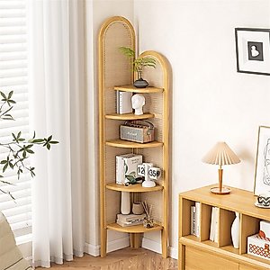 Miusocal 5-Tier Corner Shelf Stand, Corner Shelves Corner Display, Solid Wood Frame with Resin Rattan Weave, Fan-Shaped Corner Bookcase, Display Rack with Legs, Fits Tight Spaces(Natural)