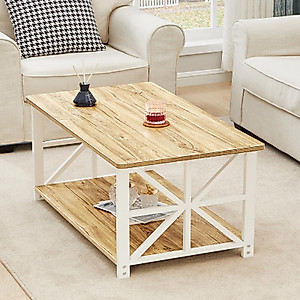 GreenForest Coffee Table with Round Corner, Farmhouse Center Table with 2-Tier Storage Shelf X-Frame Design for Living Room, 39 inch Oak