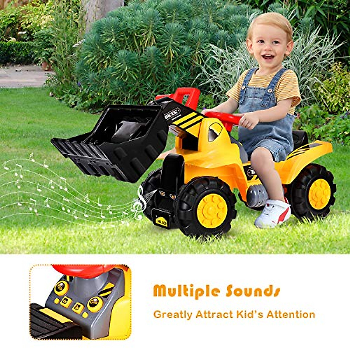 Giantex Ride On Bulldozer Truck for Kids, Excavator Digger Construction Vehicles, Pretend Play Sliding Tractor, w/ Multiple Sounds, Push Bucket, Low Seat, Anti-Skid Tires, Front Loader Ride-On Large