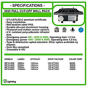 E2 Lighting-LED Full Cut-Off Wall pack-60W with 2-in-1 Motion Sensor and Daylight Harvest, 90 Minutes Emergency Battery Backup, Wall Mount, dimmable, ROHS - UL, and DLC Certified