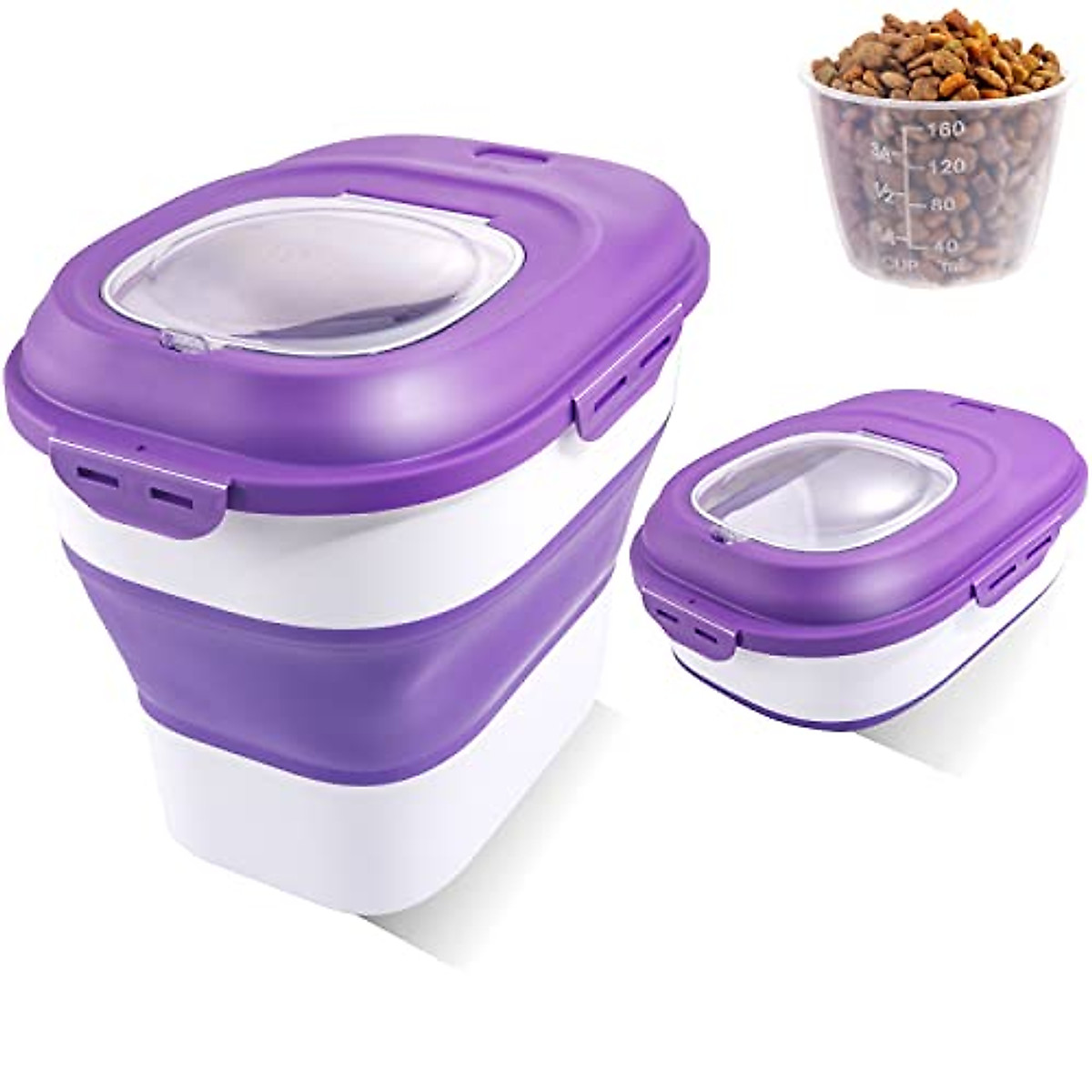 SUT Foldable Food Storage Container with Measuring Cup, Lid&Wheels, 15 Lbs Dog Cat Pet Food Storage Container, 30 Lbs Airtight Cereal Flour Rice Storage Container, Leakproof Sealable Dry Holder,Purple