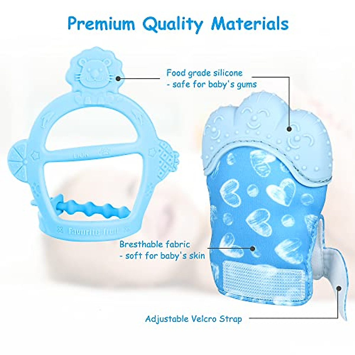 Vicloon Silicone Teething Mitt, 2Pcs Baby Teething Mitten with Adjustable Strap, Crinkle Sound and Textured, Self Soothing Baby Chew Toys for 0-6month Infants