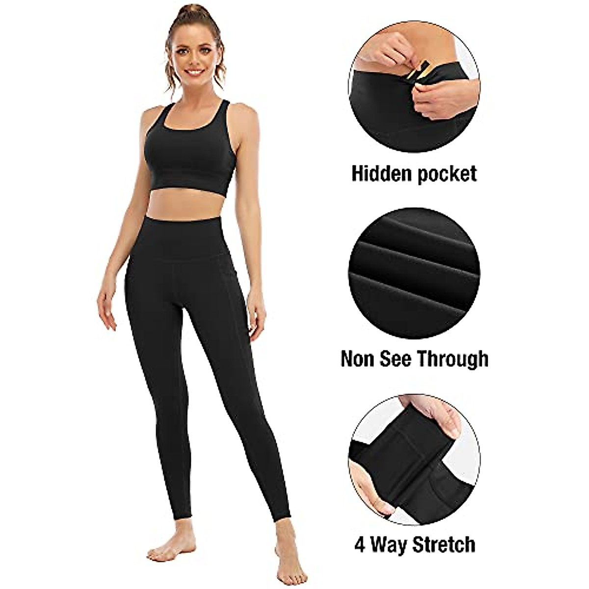 YOUNGCHARM 4 Pack Leggings with Pockets for Women,High Waist Tummy Control Workout Yoga Pants BlackDGrayNavyBurgundy-L