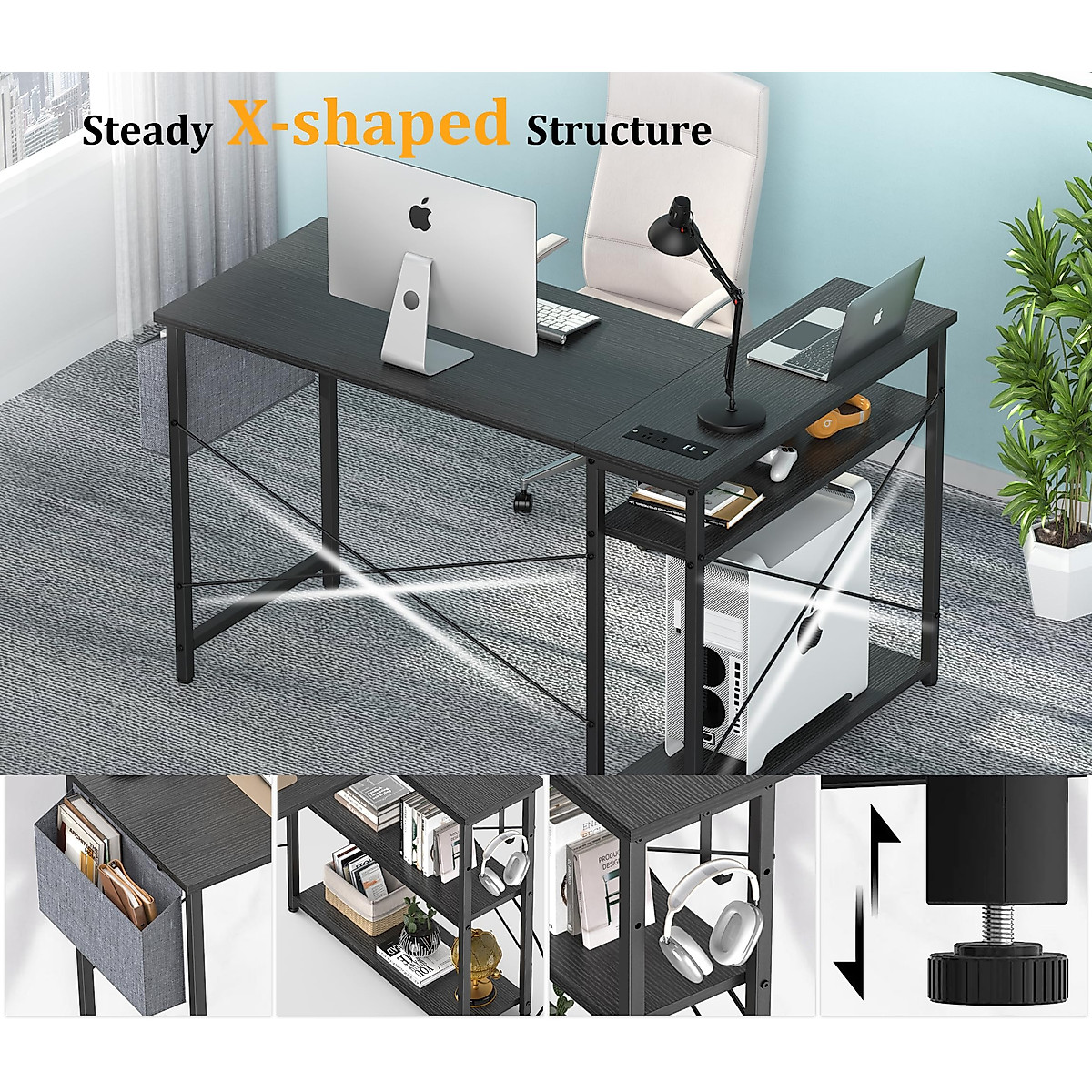 Mr IRONSTONE L Shaped Desk with Outlets & USB Ports, Reversible 47 Inch Office Desk, Corner Desk for Small Space, Home Office Desk with Storage Bag & Hook, Black