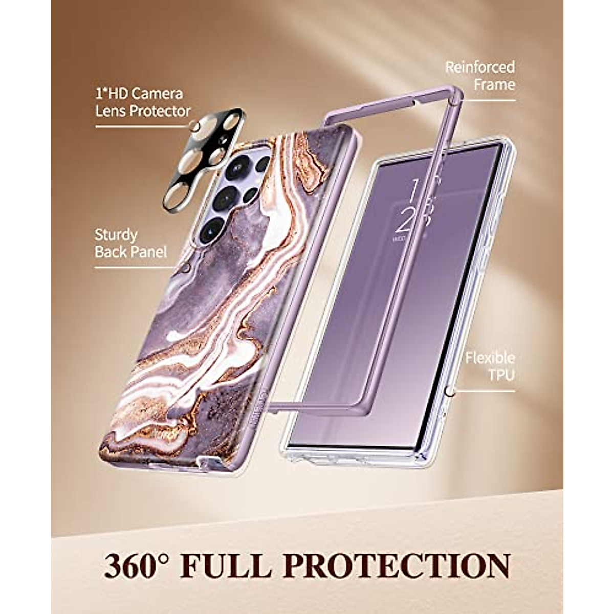 GVIEWIN Marble Bundle - Compatible with Samsung Galaxy S23 Ultra 6.8 Inch [No Built-in Screen Protector] + Phone Ring Holder (Burgundy/Gold) (2 Items Bundle)