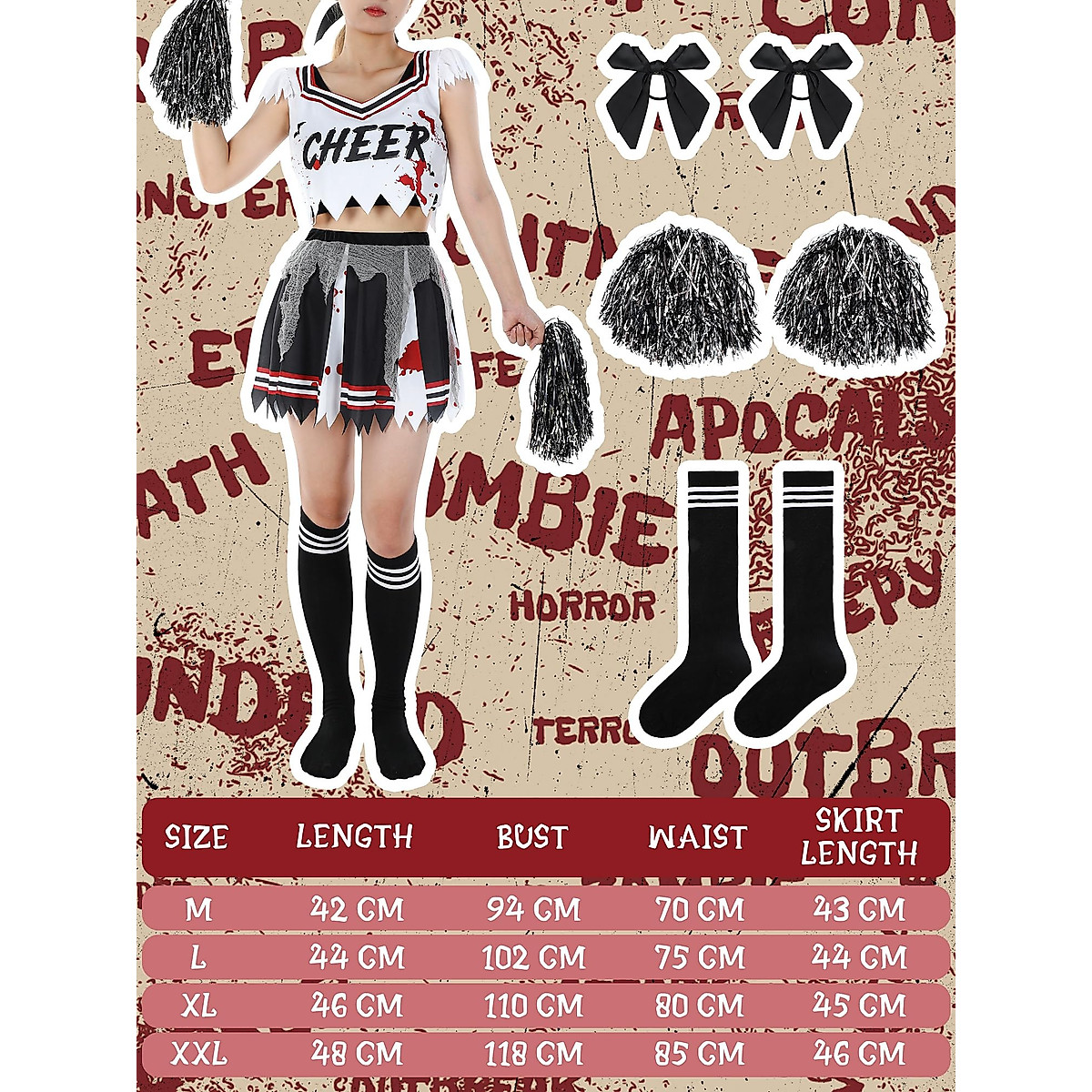 Xtinmee Halloween Zombie Cheerleader Costume for Women Girls Scary Cheerless Bloody Dress Pom Poms Hair Ropes Striped Socks (XL)
