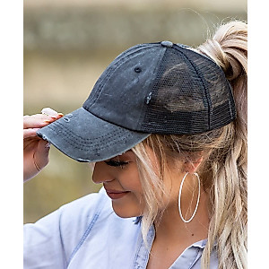 Eohak Distressed Ponytail Hats Baseball for Women Messy-Bun Pony Caps (Black+Grey)
