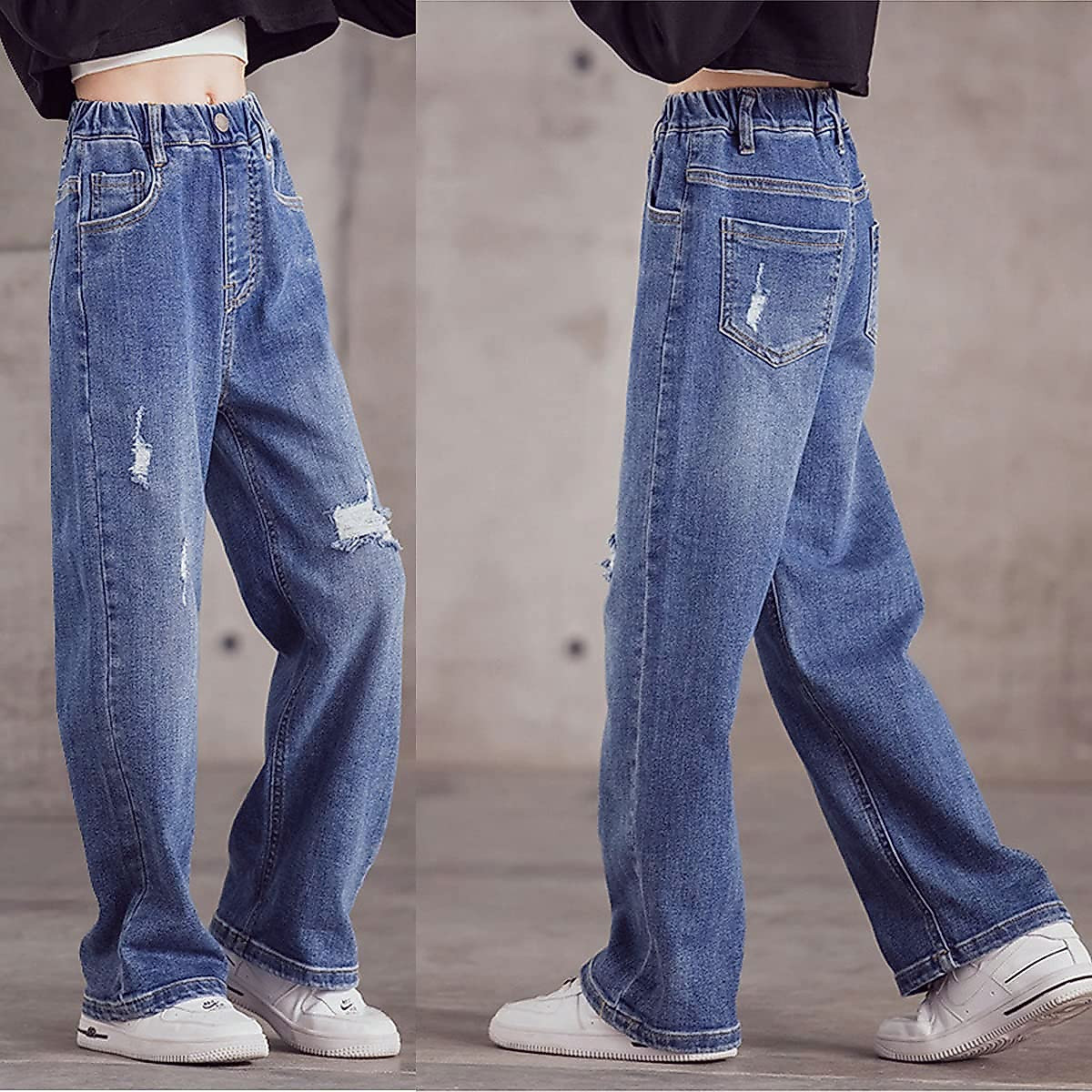 YaYatree Fashion Kids Girls Ripped Distressed Washed Wide Leg Casual Jeans Size 4-13 yrs (Blue Solid, 10-11 Years)