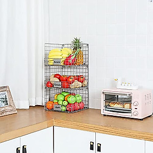 Sonyabecca 3 Tier Foldable Closet Hanging Organizer with Name Plate 5 S Hooks, Wall Mount&Cabinet Wire Storage Basket Bins, for Clothing Sweaters Shoes Handbags Clutches-Silver