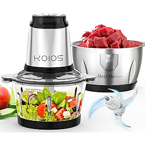 KOIOS 500W Powerful Electric Food Processor with 8 Cup Stainless Steel & Glass Bowls, 2 Speed Mode Electric Food Chopper with 2 Sets Blades Electric Meat Grinder Chopper for Family & Baby Use, Black