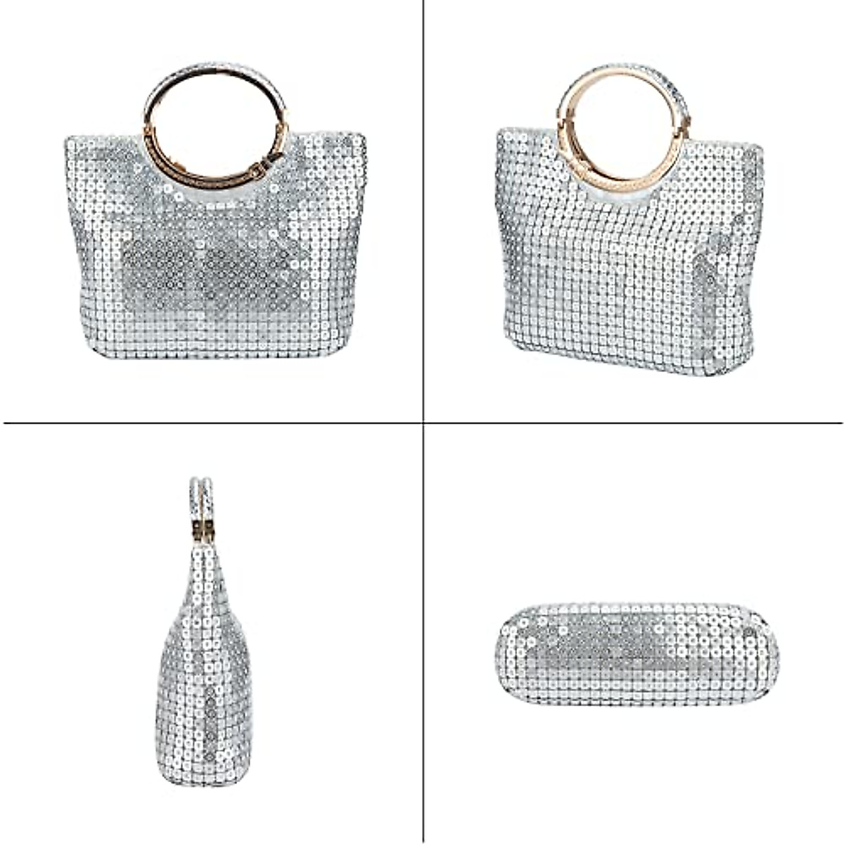 GripIt Designer Handbags Sequin Tote Bag with Rhinestone Wristlet Sparkly Purse Crystal Bag for Women Trendy Formal Evening Bag,Silver