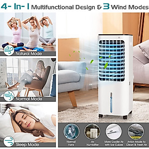 COSTWAY Evaporative Cooler, 4-In-1 Bladeless Cooler with 4 Modes, 3 Speeds, Timer, 12L Water Tank, LED Display, Portable Air Cooler with Remote Control 4 Ice Packs for Indoor Use, Bedroom, White