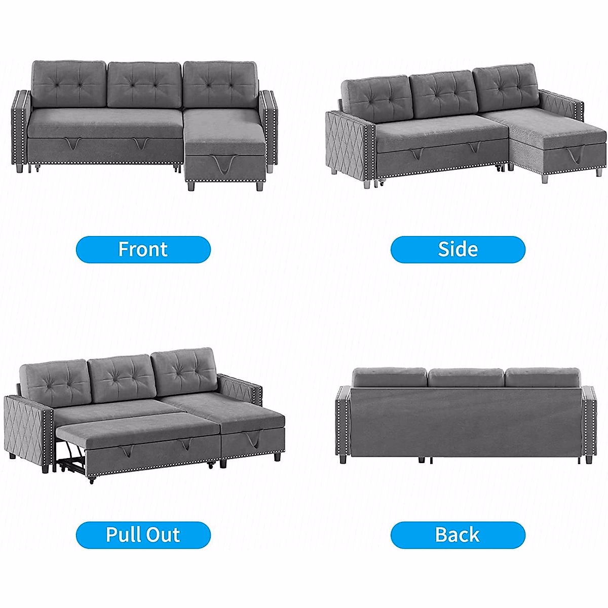 Mjkone 3 Seat L-Shape Sectional Sofa Couch with Pull Out Bed and Reversible Storage Chaise, Modern 83 Inch Sleeper Sofa with Breathable Velvet Fabric and Nailhead Trim for Living Room, Dark Gray