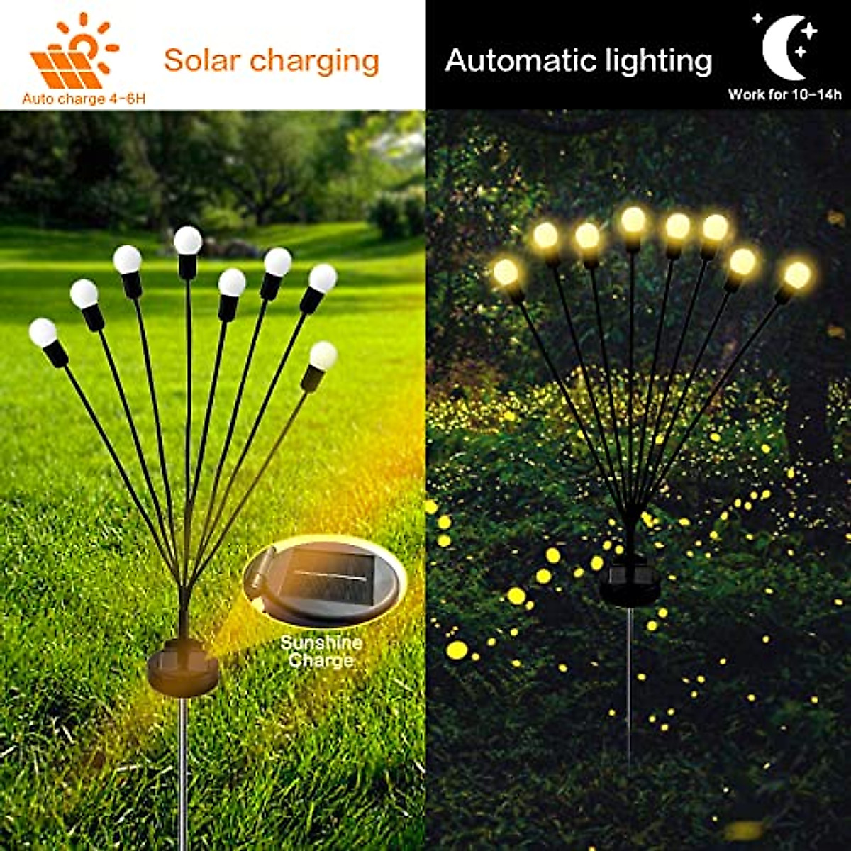 BENJEN 4Pack Dual Mode 8LED Solar Powered Firefly Lights,Starburst Swaying Solar Lights Outdoor Waterproof,Solar Garden Decorative Lights Yard Patio Pathway Decoration, Warm White (4 pcs)
