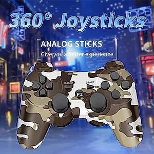 Rzzhgzq 2 Pack PS3 Wireless Controller Playstation 3 Controller Wireless Bluetooth Gamepad with USB Charger Cable for PS3 Console (Camo Brown+ Camo Blue)