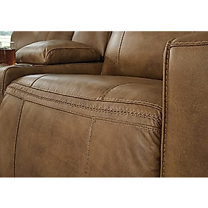 Signature Design by Ashley Game Plan Contemporary Tufted Leather Power Reclining Loveseat with Console and Adjustable Headrest, Light Brown