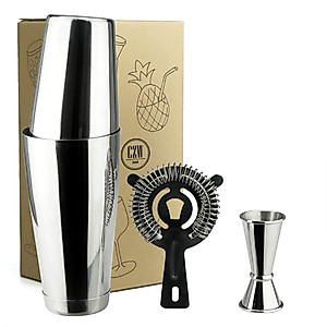PG Boston Cocktail Kit - 4PC Premium Stainless Steel Shaker Set - 30oz Gloss Finish ​2-Piece Shaker with Cocktail Strainer and Double Jigger