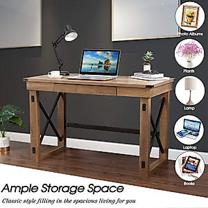 Festival Depot 47.5" Writing Computer Desk Large Home Office Desk in Industrial Style with Pull-Out Keyboard Tray Black Metal and Wood Appearance Laptop Table for Game Study