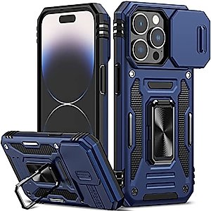Nvollnoe for iPhone 14 Pro Case with Slide Camera Cover Drop Tested Military Grade Heavy Duty Protective Durable Sturdy Rotate Ring Kickstand Phone Case for iPhone 14 Pro(Blue)