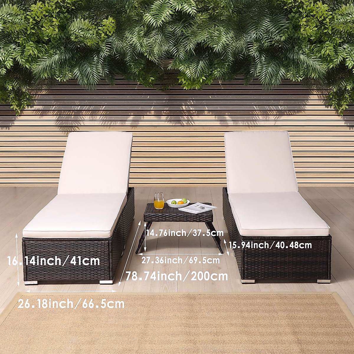 Asifom Set of 2 Chairs and Table, Outdoor Patio Lawn Garden Lounge Chairs, PE Wicker Chaise Lounges, Outside Pool Lounger Wicker Bed + Coffee Table, Adjustable Backrest Rattan Recliners with Cushions