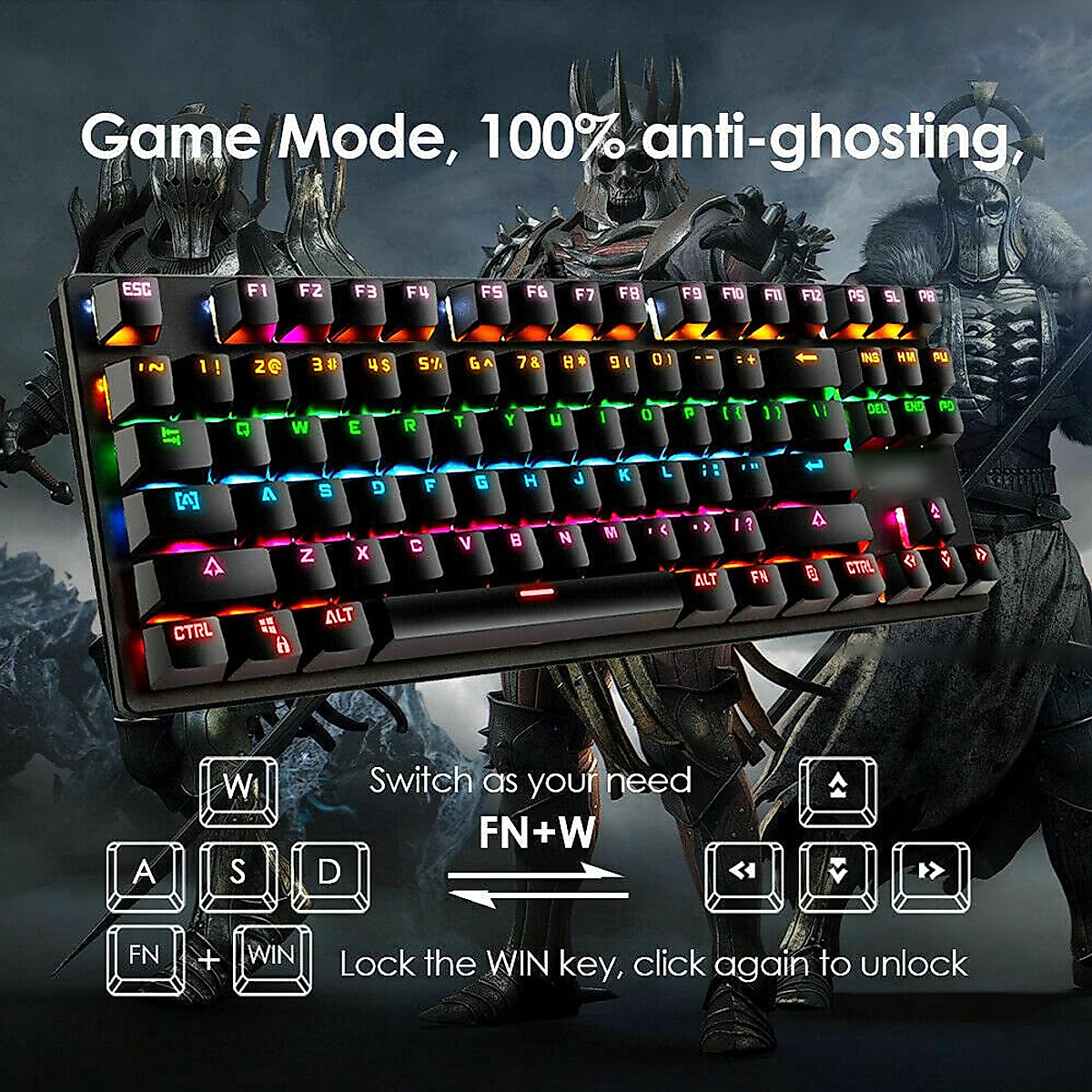 Wired Gaming Keyboard and Sets 87 Keys Rainbow Backlit Mechanical Keyboard ,RGB Backlit 6400 DPI Lightweight Gaming Mouse, Mouse Pad (Black)