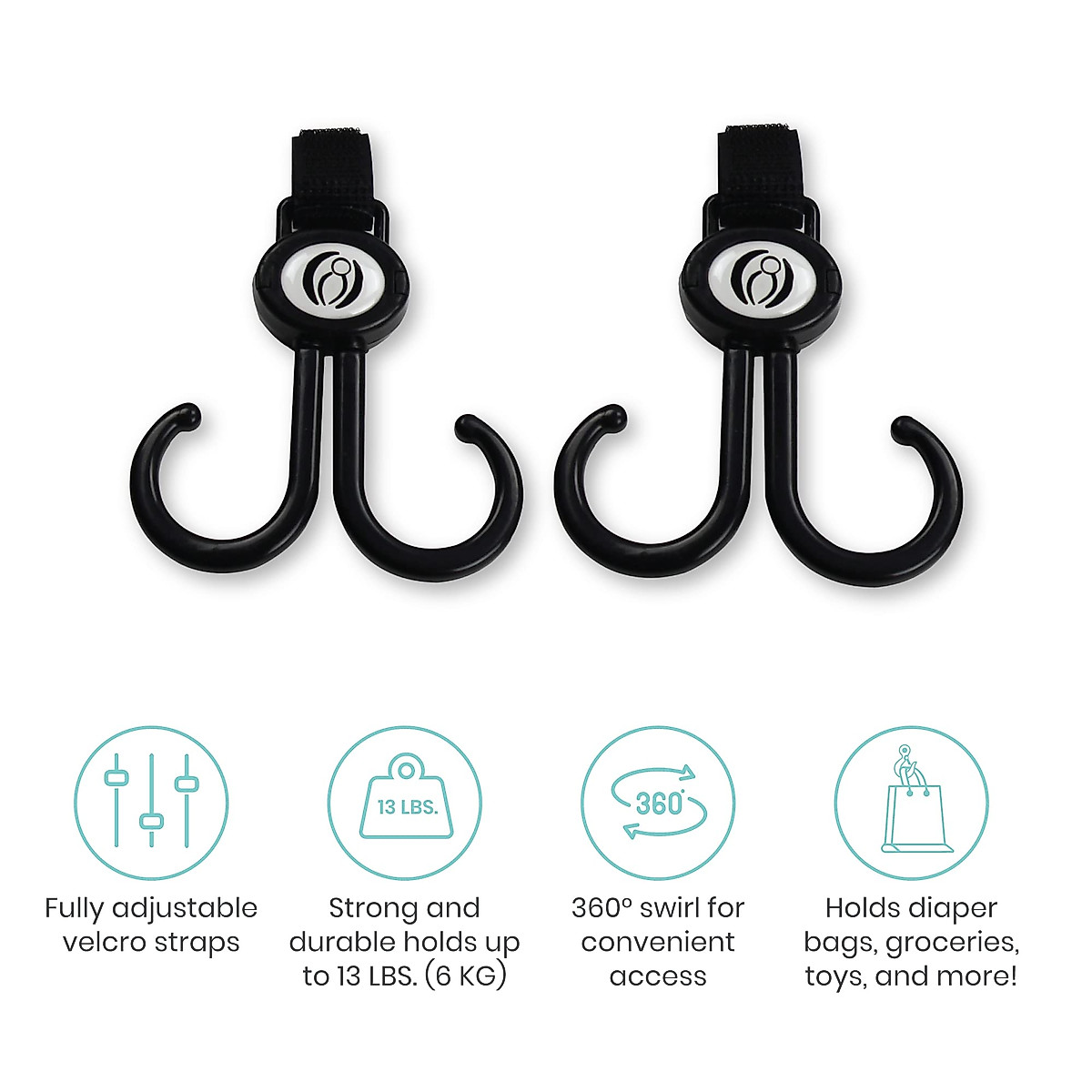 Lulyboo Multi-Use Organizer Hook Clips (2 pk), Metal Hook Handle for Purse, Shopping, Strollers & Diaper Bags, Black