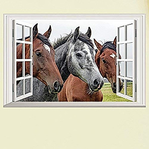 Home Find Horse Wall Decals 3D Faux Window View Decals Removable Fake Window Scene Wall Stickers Home Decor Art Mural Animals for Living Room Kids Room Nursery 23 inches x 15 inches