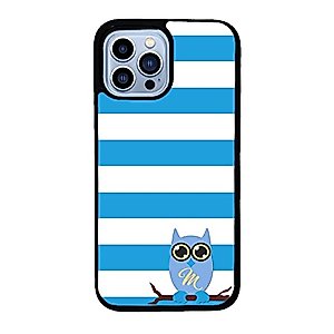 Blue and White Bars Owl Personalized Apple iPhone Black Rubber Phone Case Compatible with iPhone 14 Pro Max, Pro, Max, iPhone 13 Pro Max Mini, 12 Pro Max Mini, 11 Pro Max X XS Max XR 8 7 Plus