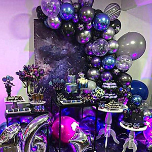 Outer Space Balloons, 55pcs Galaxy Blue Balloons Metallic Black Purple Silver Balloons Blue and Purple Latex Balloons Pearl Blue Black Balloons for Kids Boys Astronaut Space Birthday Party Decorations