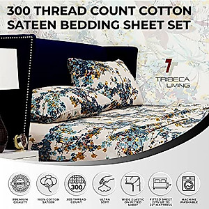 Tribeca Living King Bed Sheet Set, 300 Thread Count Soft Cotton Sateen, Floral Print with Extra Deep Pockets, 4-Piece Bedding Set, Casablanca/Multi
