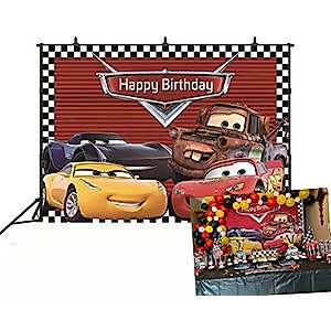 GYA 7x5ft Cartoon Racing Mobilization Birthday Themed Backdrops Racing Flag Black White Grid Red Photo Backgrounds for Photography Party Banner Photo Booth Props