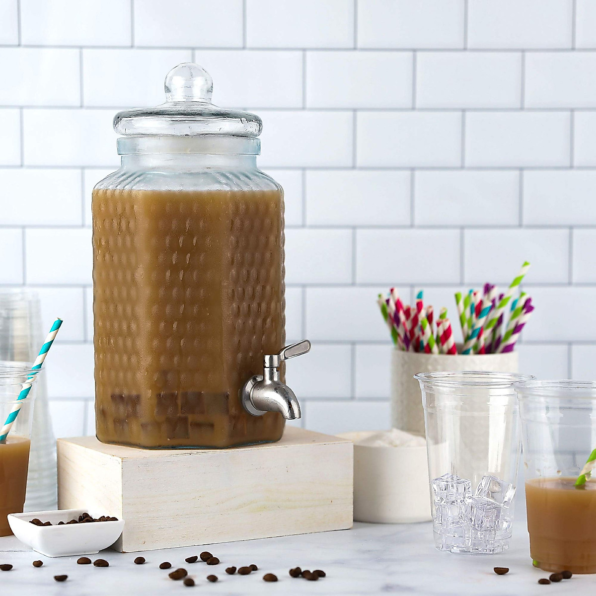 1 Gallon Glass Beverage Dispenser with Stainless Steel Spigot - Decorative Mason Jar Drink Dispenser for Parties, Fridge, Sun Tea, Iced Tea, Kombucha and Water