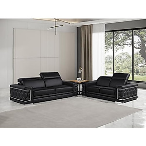 Blackjack Furniture Soren Genuine Leather Upholstered Loveseat with Adjustable Headrests, Solid Brazilian Wood Frame and High Density Foam Cushioning, Black