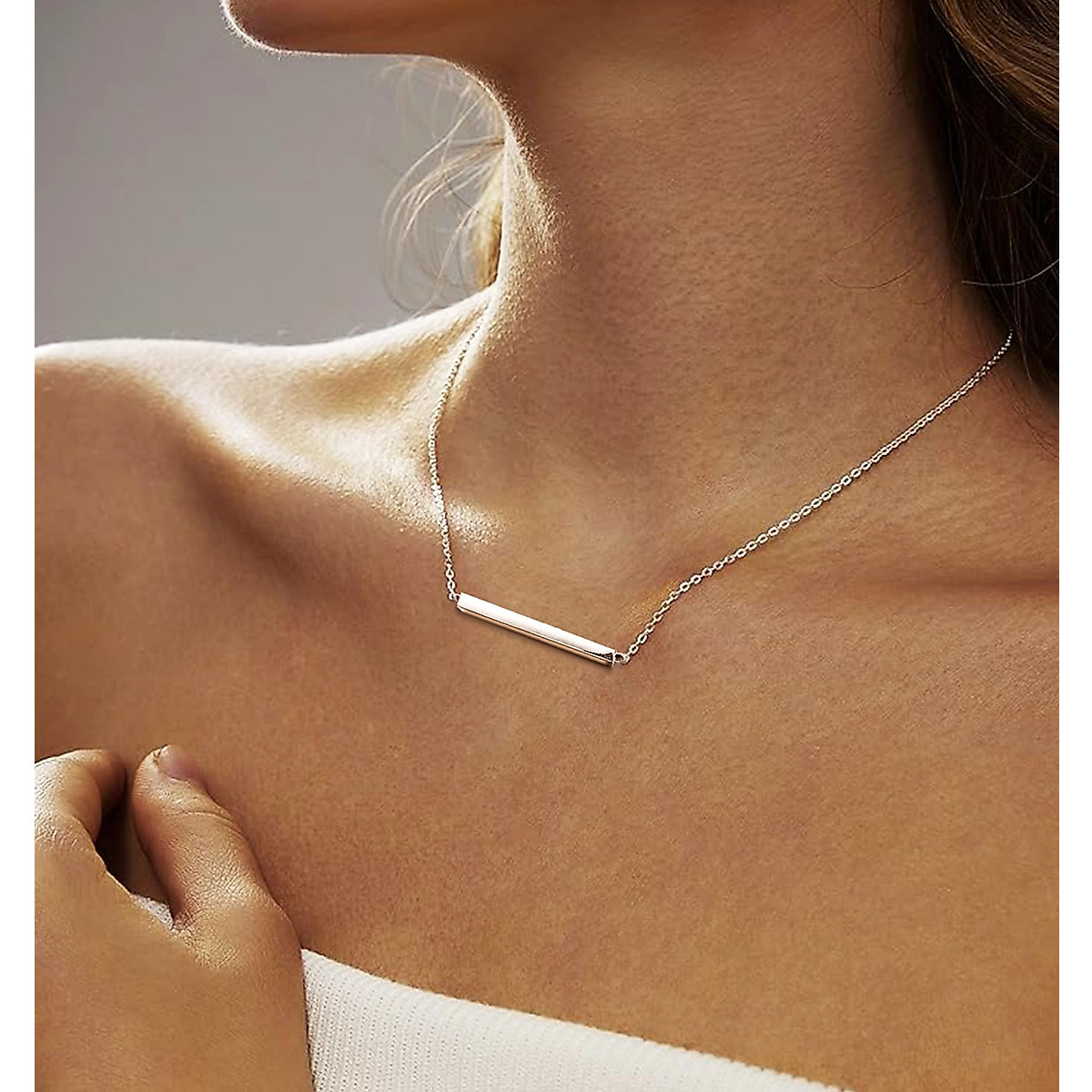 KristLand - Women Simple Bar Pendant Necklace Dainty 18K Gold Necklace Rose Gold Plated Simple Design Solid Circle, Heart Choker Chain Silver Necklaces for Women A Solid Bar Silver