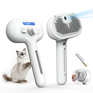 Pet Grooming Brush with Electronic Mist Spray - Gentle Deshedding Tool for Cats & Dogs, Reduces Shedding, Easy to Use, Soft Bristles, Promotes Healthy Coat-Comes with a hair smoothing comb-White