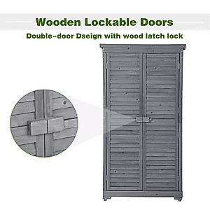 Outdoor Wooden Storage Shed with Floor, Wood Storage Cabinet Waterproof, Garden Tool Shed with 3-Tier Shelves, Outside Vertical Shed with Shutter Design, Fir Wood, Latch Lock (Gray)