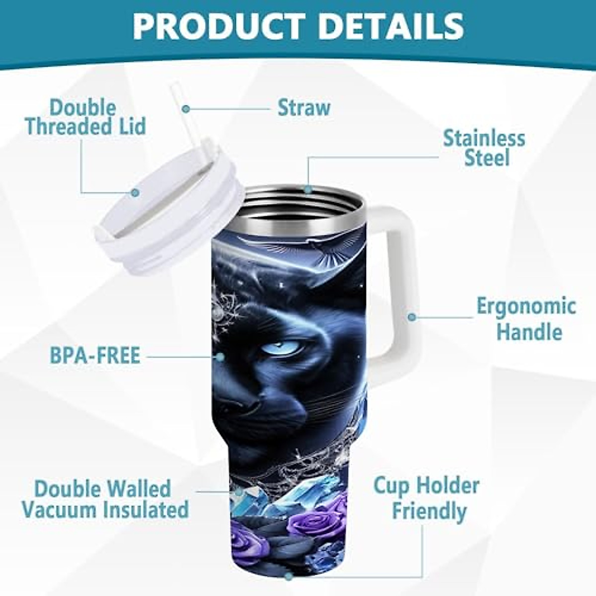 RPLIFE Mystic Panther Purple Rose Travel Coffee Tumbler, Stainless Steel Tumbler, Drinking Cups with Lids and Straws