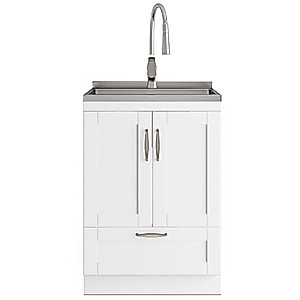 SIMPLIHOME Reed Transitional 24 Inch Deluxe Laundry Cabinet with Pull-out Faucet and Stainless Steel Sink in White, For the Laundry Room and Utility Room