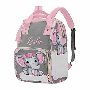 InterestPrint Personalized Baby Elephant with Pink Rose Flowers Diaper Bag Nursing Baby Bags Nappy Bag Travel Daypack for Mom Dad Girl