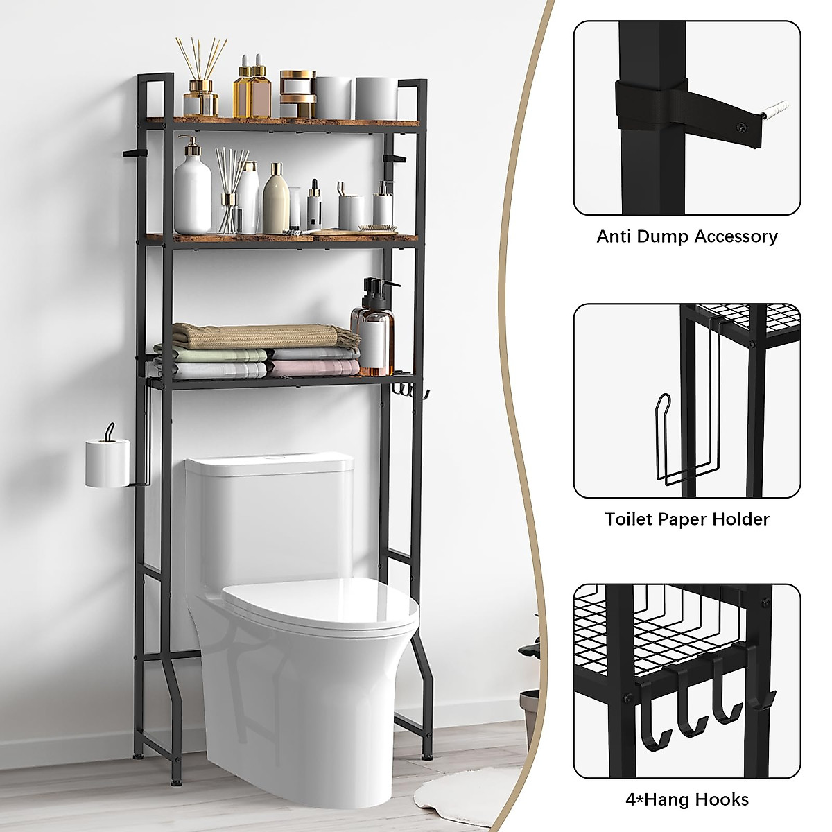 NOVIMANGO Over The Toilet Storage, Over Toilet Bathroom Organizer 3 Tier, Above Toilet Storage Rack for Bathroom Freestanding Bathroom Space Saver with Metal Frame and 4 Hooks for Laundry, Brown