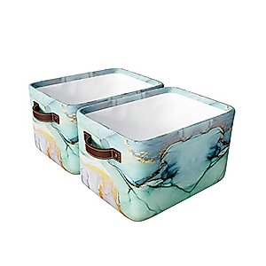 Qumstemily Marble Storage Bins for Shelves, Jade Texture Green Teal Collapsible Storage Boxes Basket for Bedroom/Kitchen, Closet Organizers with Handle, Marble Ink Paint Storage Cubes - 2 Pack