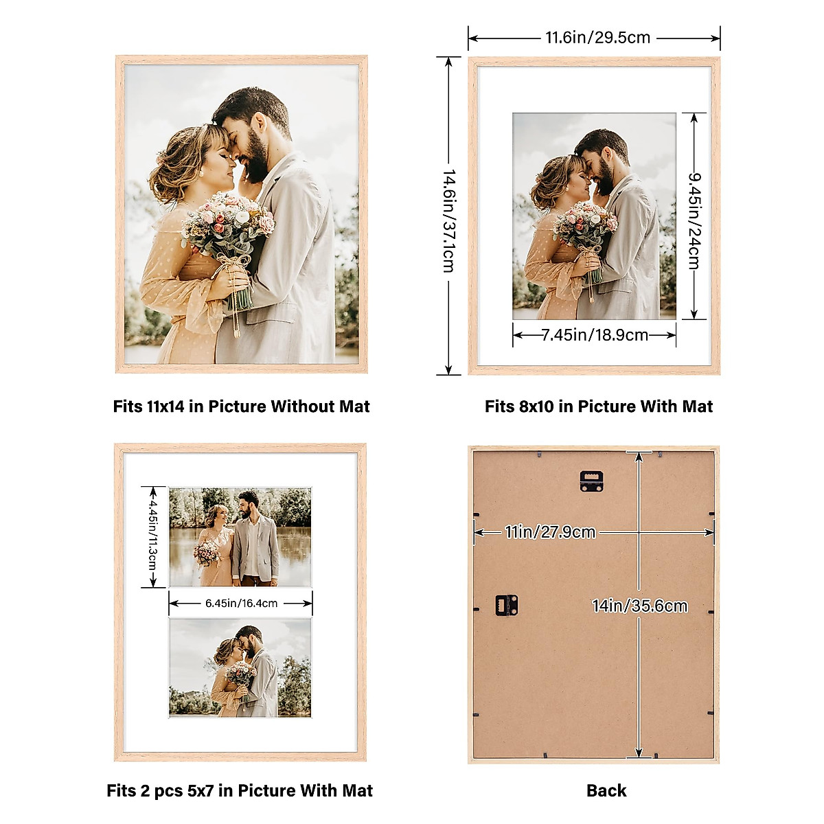 ATOBART 11x14 Picture Frame, OAK Wood Photo Frame 8x10 with Mat or 5x7 with 2 Mat with Perspex Glass for Vertical or Horizontal Tabletop Wall Display for Photo, Painting, Poster, Set of 2