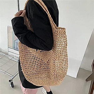New Woven Bag, Straw Mesh Tote Bag, Beach, Shoulder Bag, Hobo Women, Foldable Large Capacity, for Holiday, Picnic and Party. (Khaki)