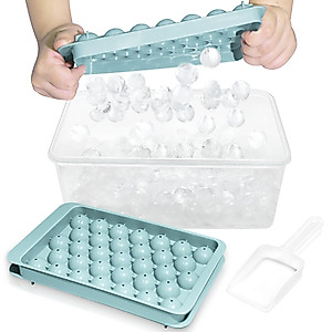 Round Ice Cube Tray with Lid & Bin Ice Ball Maker Mold for Freezer with Container Mini Circle Ice Cube Tray Making 66PCS Sphere Ice Chilling Cocktail Whiskey Tea Coffee 2 Trays 1 ice Bucket & Scoop