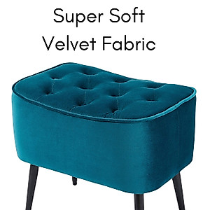 BIRDROCK HOME Tufted Curve Ottoman Velvet Foot Stool - Upholstered Padded Footrest for Living Room or Bedroom - Small Cushioned Accent Chair for Couch, Sofa, Lofted Seating - Modern Furniture - Teal