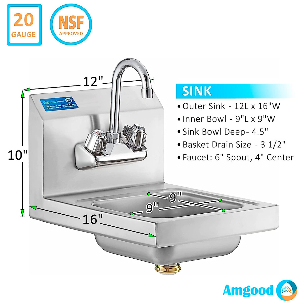 AmGood Stainless Steel Wall Mount Hand Sink 12" x 16" | NSF Commercial Hand Washing Basin with Faucet For Restaurant, Kitchen and Home | Bowl Size: 9" x 9"
