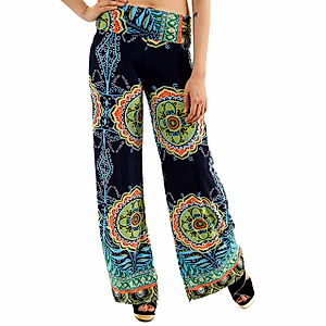 Uptown Apparel Womens Fold Over Waist Wide Leg Palazzo Pants, Good for Tall Curvy Women-Ships from U.S.A. (Small, Navy Tribal)