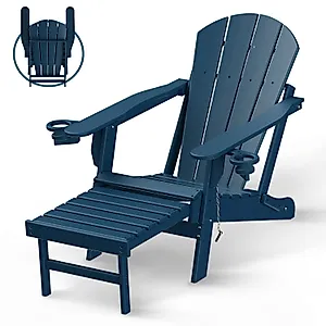 BRIOPAWS Folding Adirondack Chair with Ottoman, Weather Resistant HDPE Patio Chairs w/Cup Holders & Retractable Footrest for Poolside Lawn Fire Pit Deck Outdoor Porch Campfire, Blue, 1 Pack