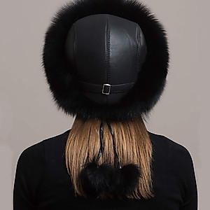 Women's Real Fox Fur hat Winter Thick Fur hat Natural Fur and Sheepskin Warm hat (55-60cm, Black)
